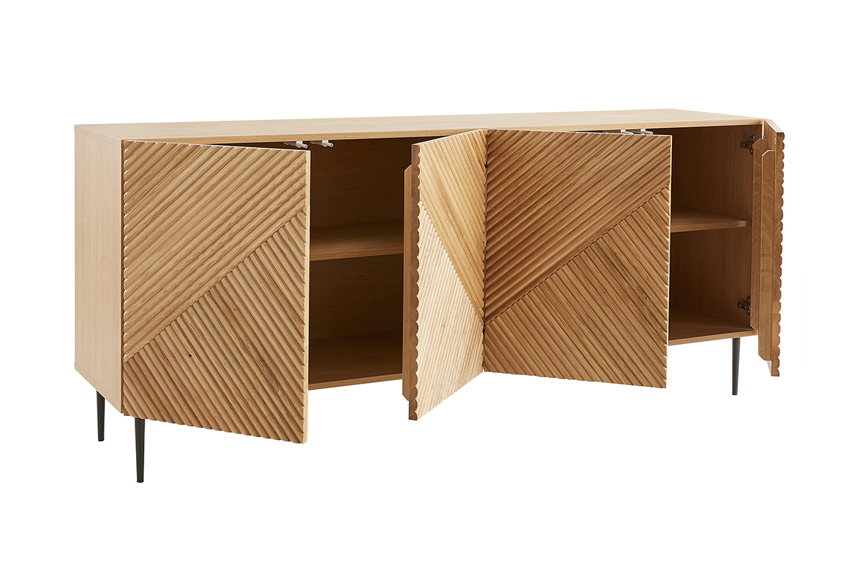 Buffet design en bois clair chêne massif gravé et métal noir 4 portes ...