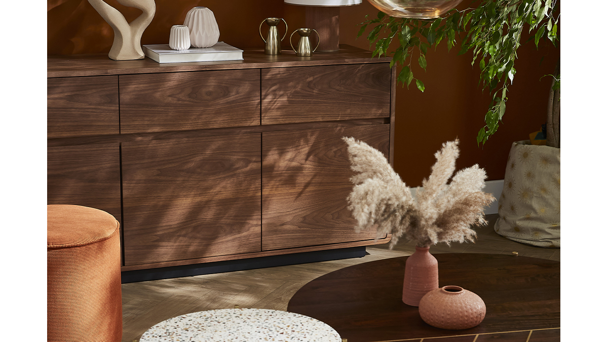 Buffet vintage bois foncé noyer 3 portes 3 tiroirs L160 cm JAKO - Miliboo