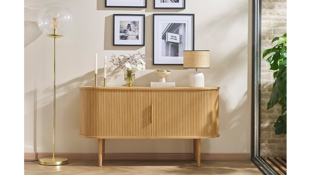 Buffet vintage en bois clair chêne 2 portes coulissantes L138 cm EPIC ...