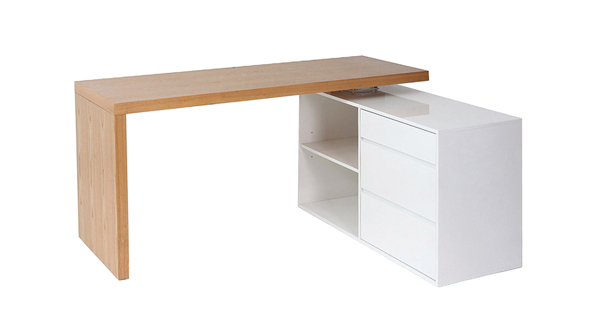 Bureau design modulable blanc brillant et frêne NEW MAX - Miliboo