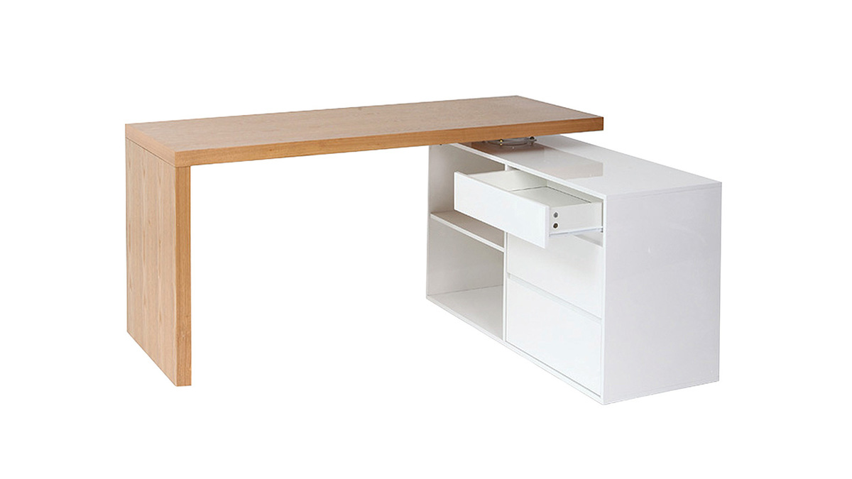 Bureau design modulable blanc brillant et frêne NEW MAX - Miliboo