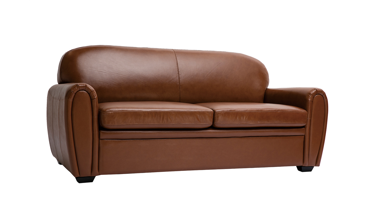 Canapé convertible 3 places en cuir marron avec matelas 9 cm CLUB - Miliboo