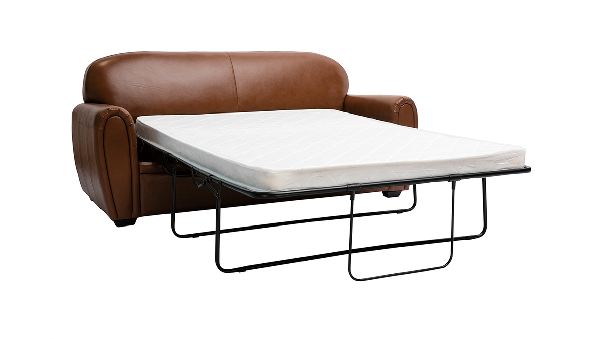 Canapé convertible 3 places en cuir marron avec matelas 9 cm CLUB - Miliboo