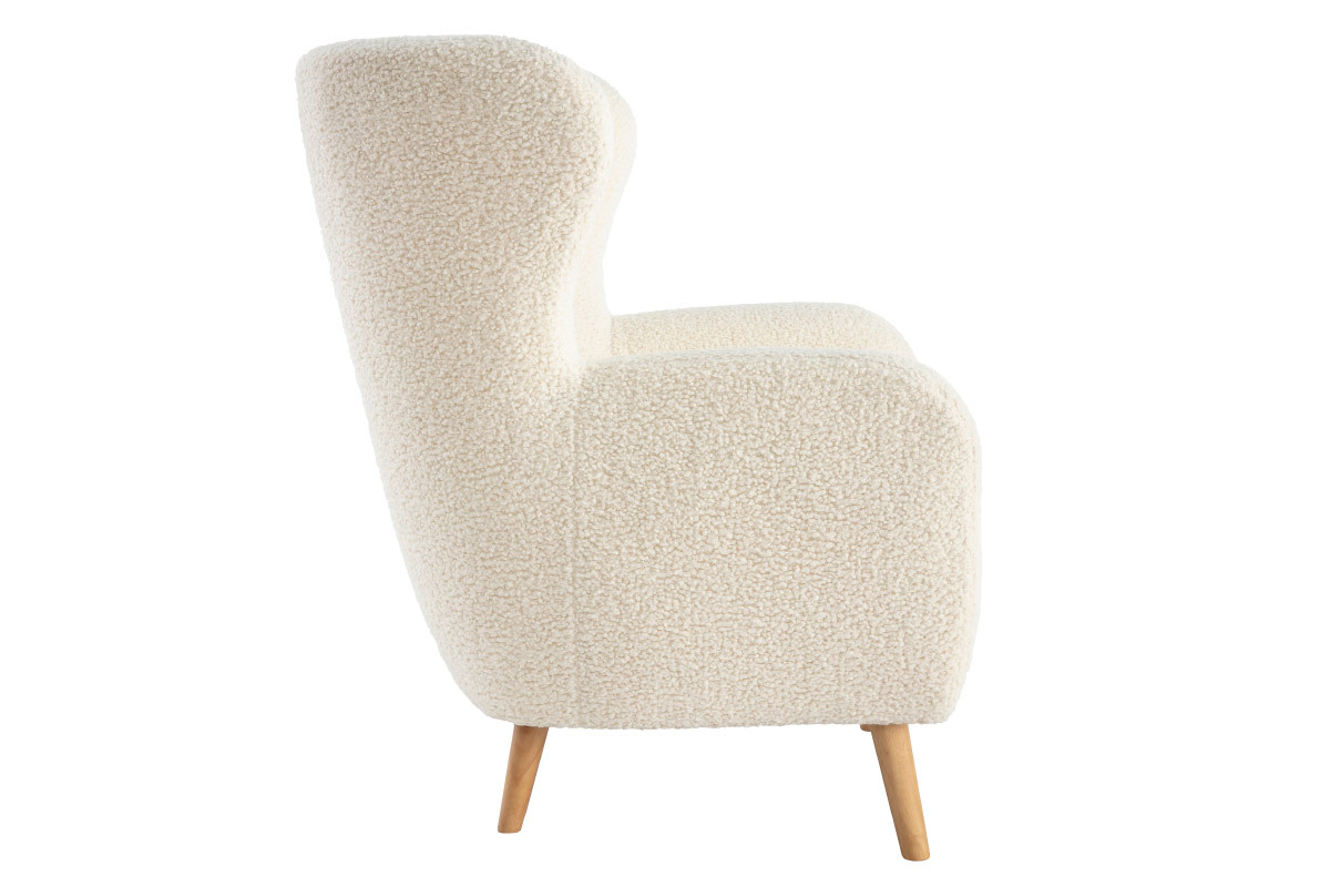 Fauteuil scandinave en tissu effet peau de mouton blanc et bois clair ...