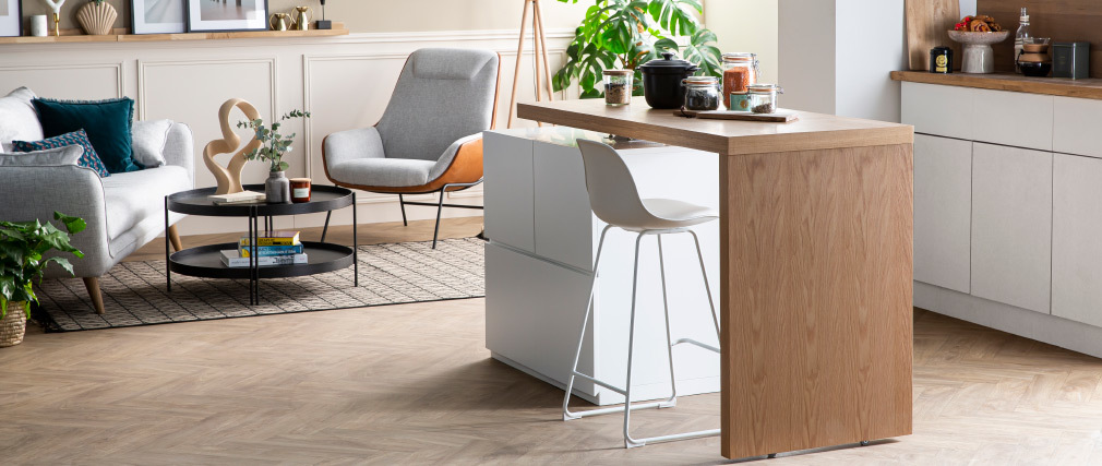 îlot - table de bar modulable avec rangement blanc mat et chêne H91 cm ...