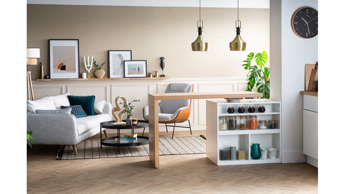 îlot - table de bar modulable avec rangement blanc mat et chêne H91 cm ...