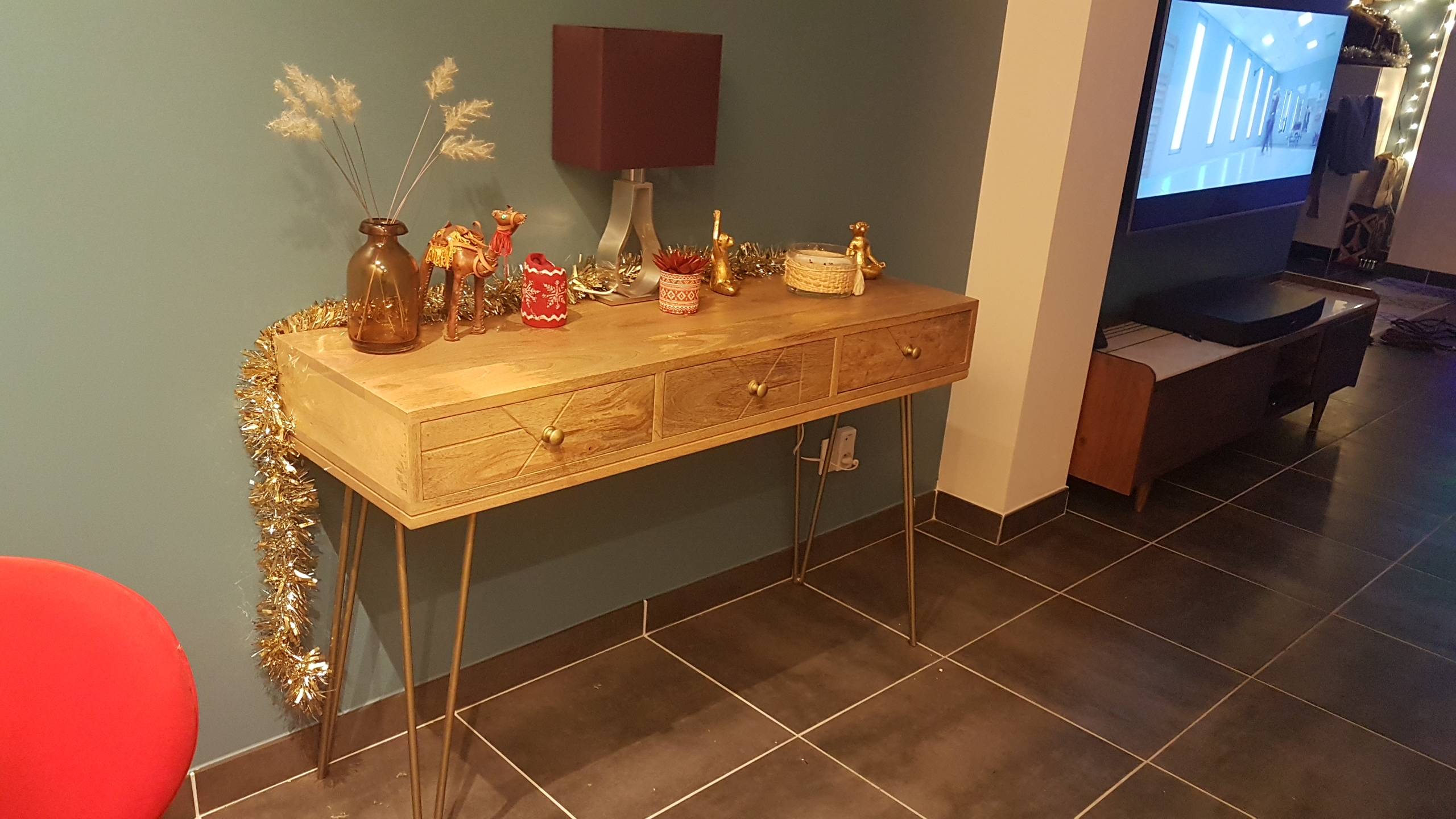 Console avec rangements 3 tiroirs en bois manguier massif gravé et ...