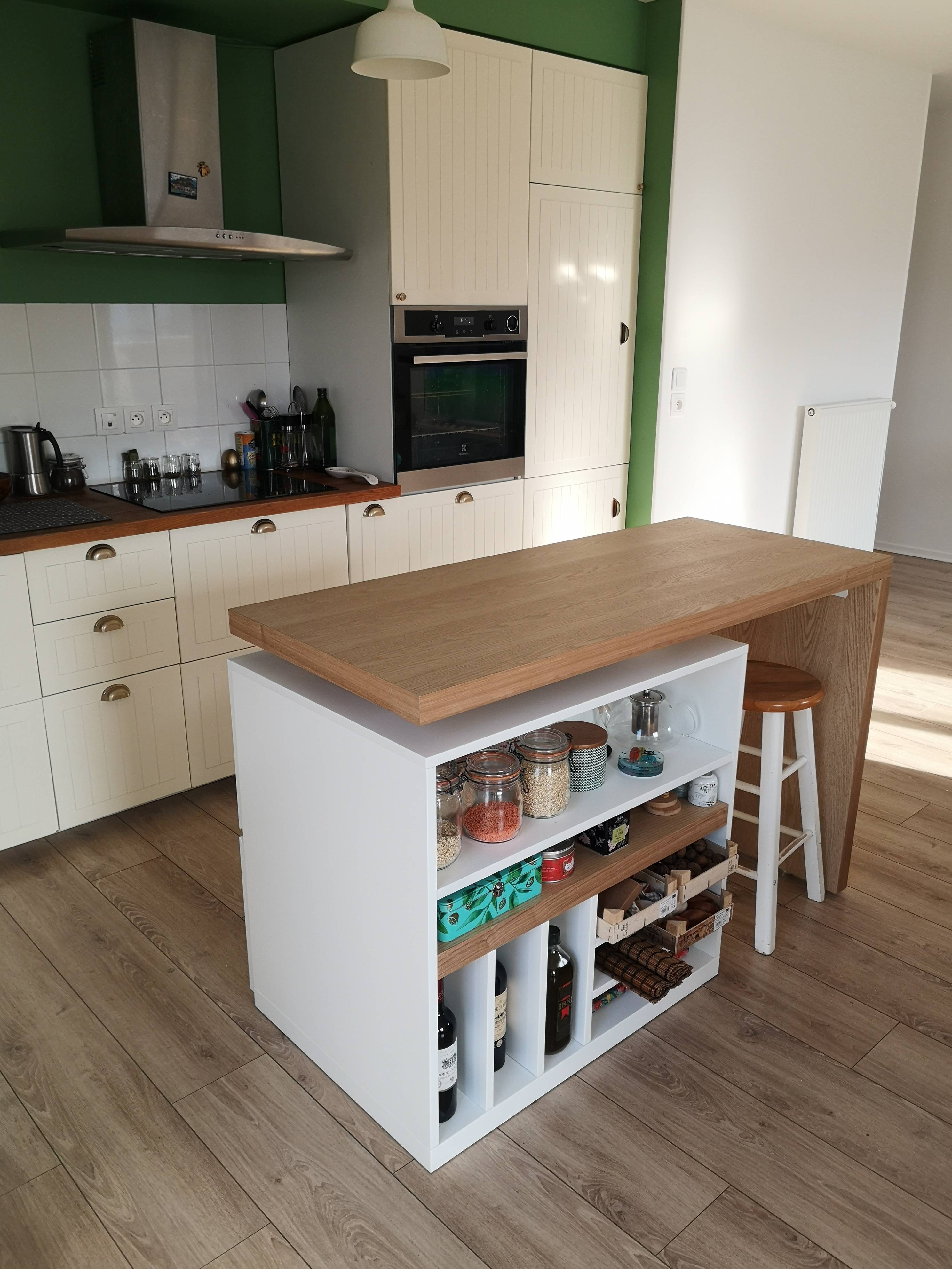 Îlot - table de bar modulable avec rangement blanc mat et bois clair ...