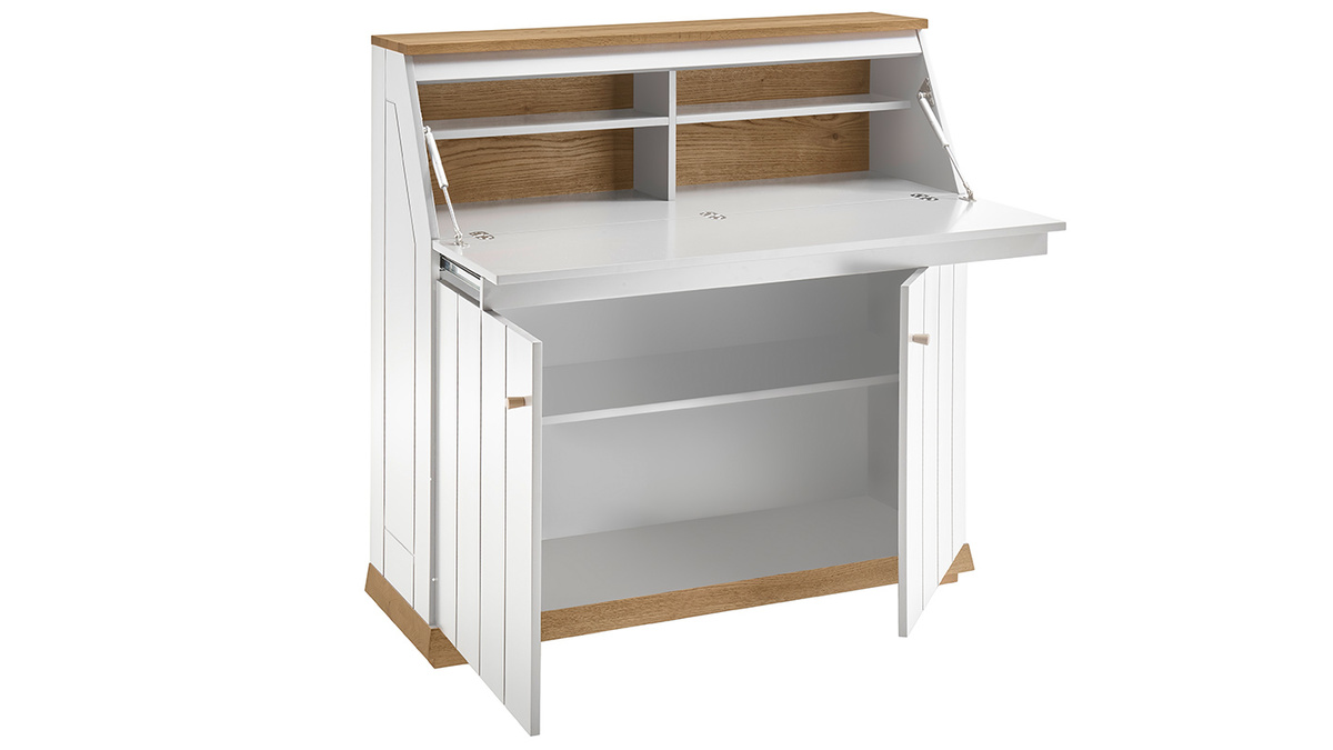 Meuble secrétaire authentique blanc et bois L109 cm CAMPO - Miliboo
