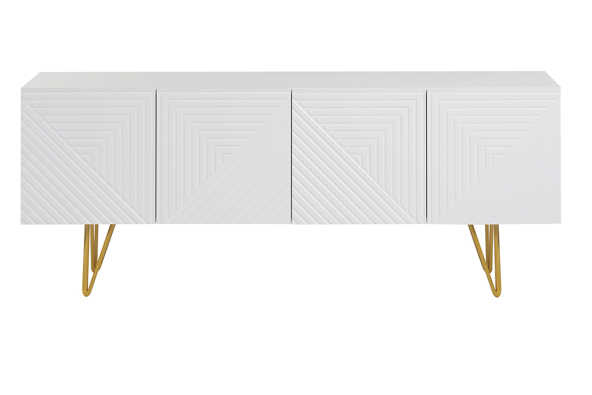 Meuble TV design gravé blanc et métal doré L140 cm OZEN - Miliboo