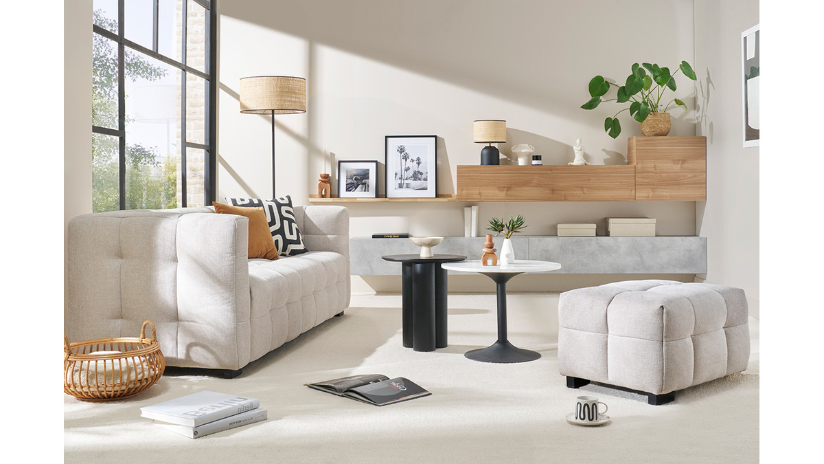 Pouf repose-pieds design en tissu effet velours texturé beige CORTO ...