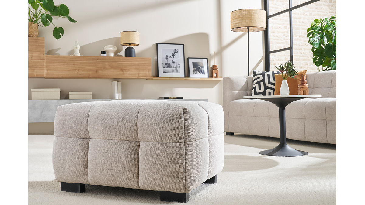 Pouf repose-pieds design en tissu effet velours texturé beige CORTO ...