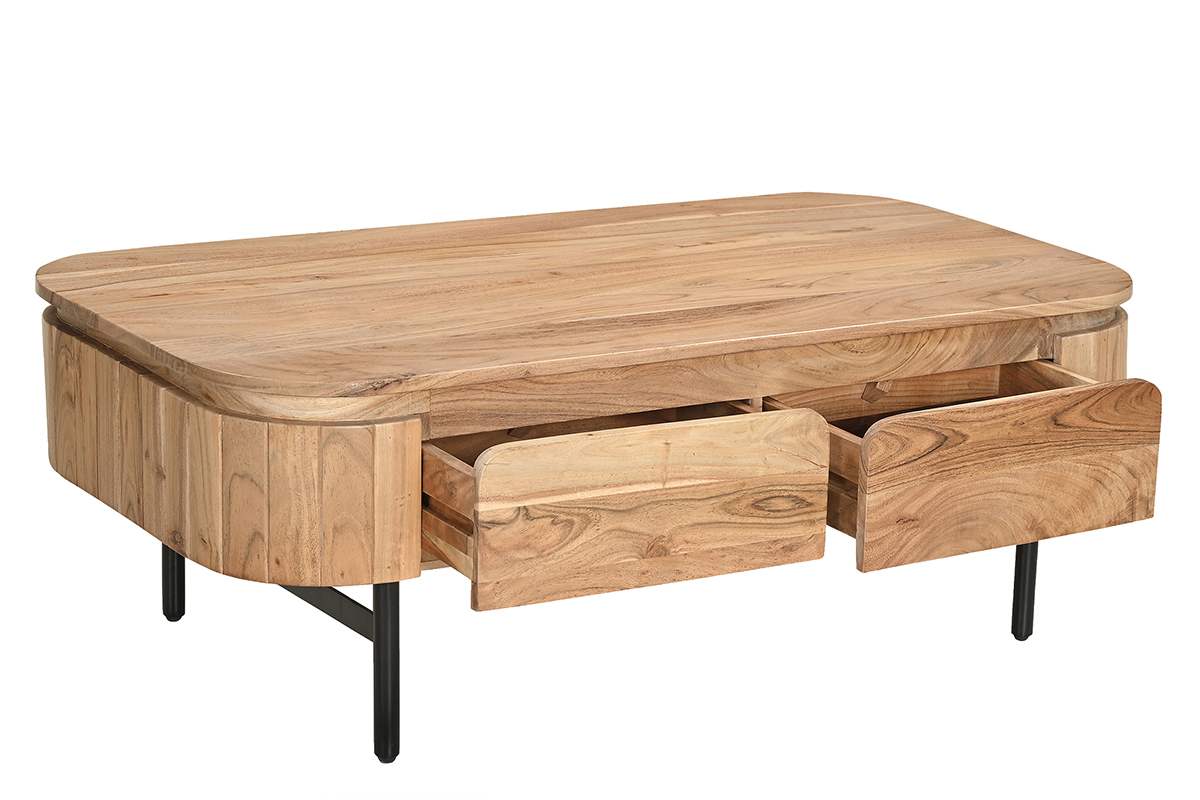 Table basse avec rangements en bois massif et métal noir 4 tiroirs L115 ...