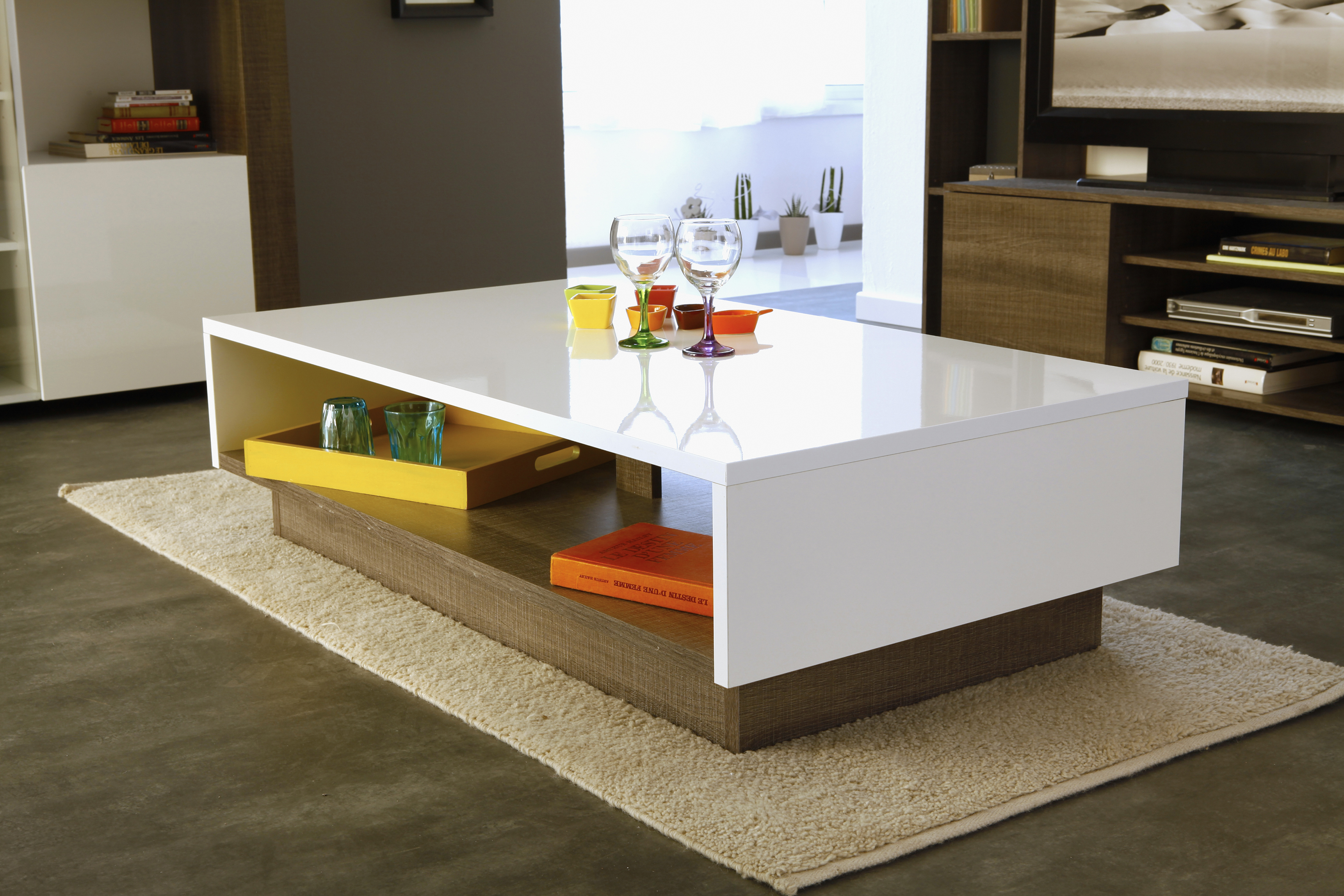 Table basse Design Bois et blanc brillant MOCA - Miliboo