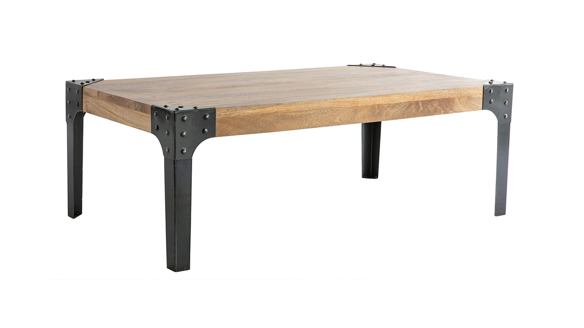 Table basse rectangulaire industrielle bois manguier massif et métal noir L100 cm MADISON - Miliboo