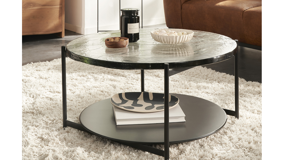Table basse ronde avec double plateau en verre recyclé et métal noir ...