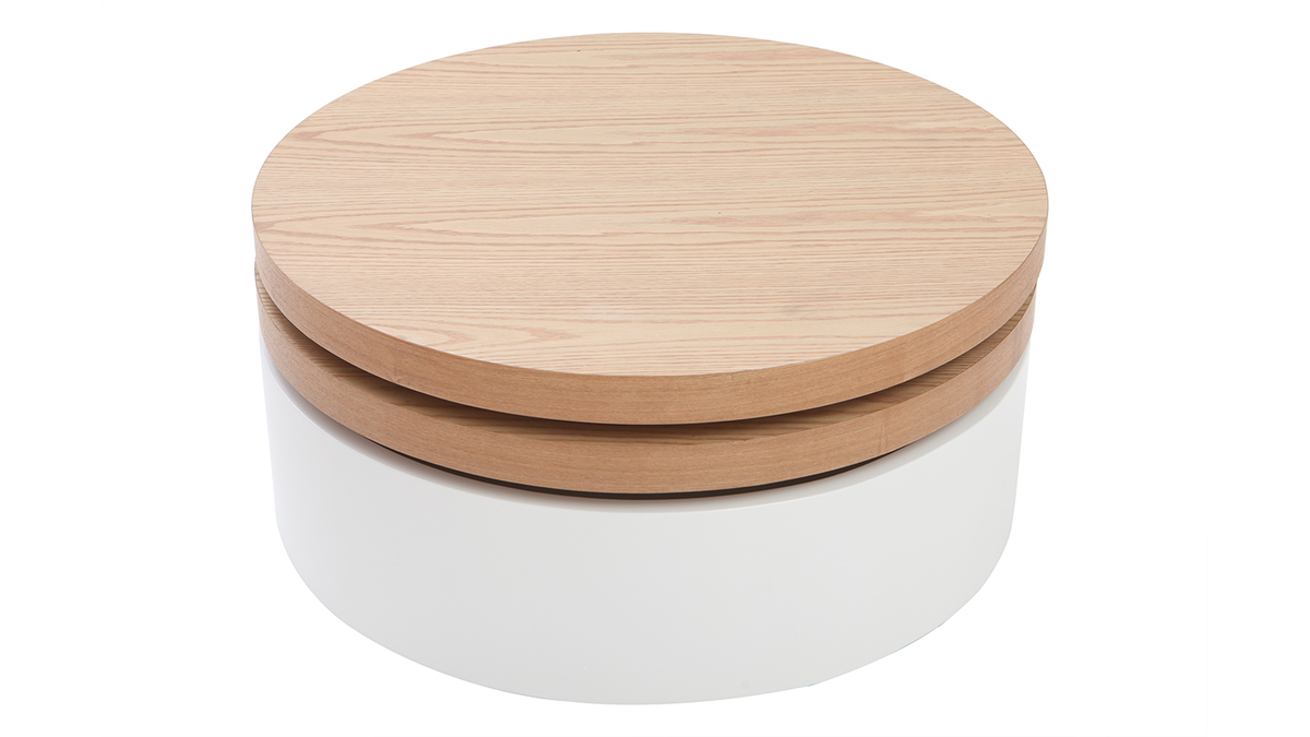 Table basse ronde avec plateaux pivotants et rangement blanc et bois ...