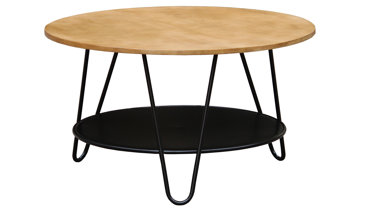 Table basse ronde en manguier massif et métal noir PRIYA - Miliboo