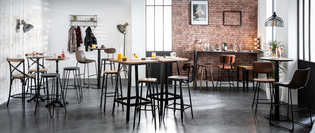 Table bistrot haute ronde bois et métal CONTY - Miliboo