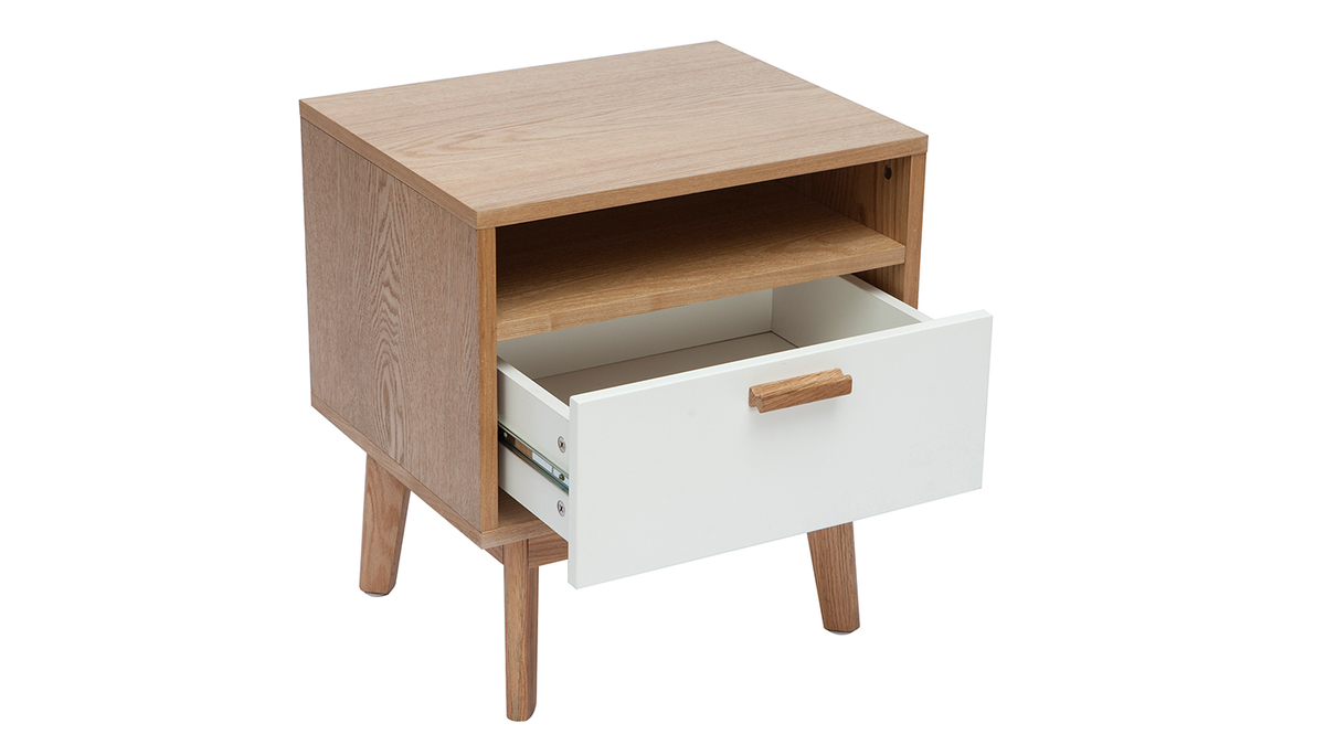 Table de chevet design scandinave blanc et chêne HELIA - Miliboo