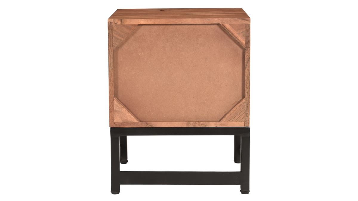 Table de chevet motif chevrons acacia massif et métal noir STICK - Miliboo