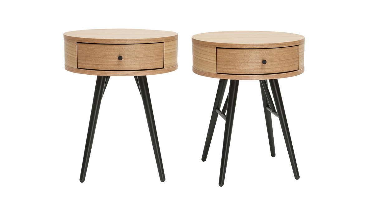 Table de chevet ronde avec tiroir bois clair et métal noir D41 cm (lot ...