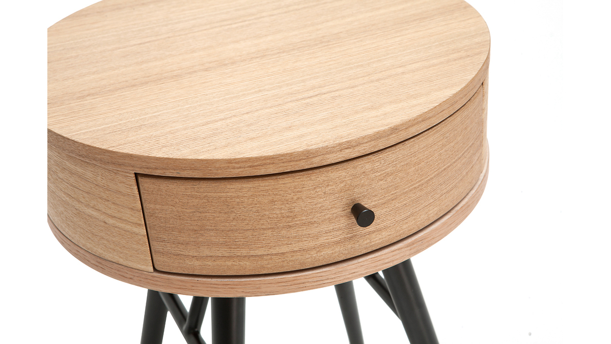 Table de chevet ronde avec tiroir bois clair et métal noir D41 cm (lot ...