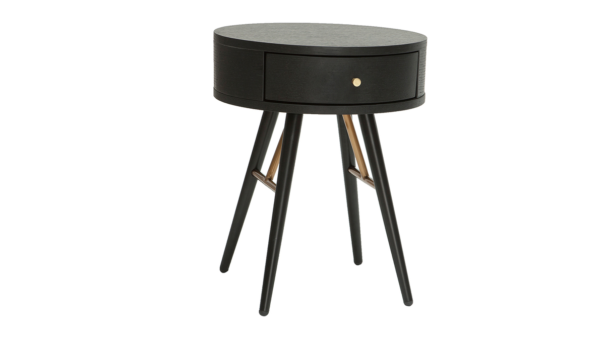 Table de chevet vintage ronde en bois et métal noir détails dorés KORAL ...