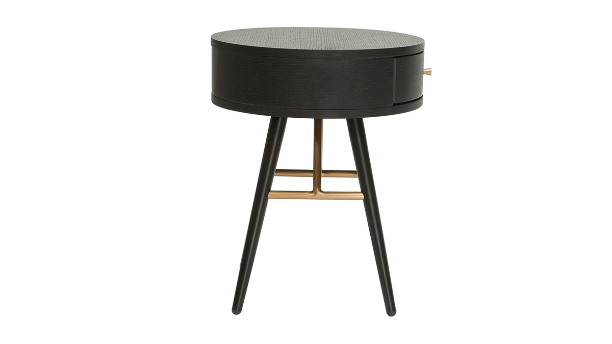 Table de chevet vintage ronde en bois et métal noir détails dorés KORAL ...