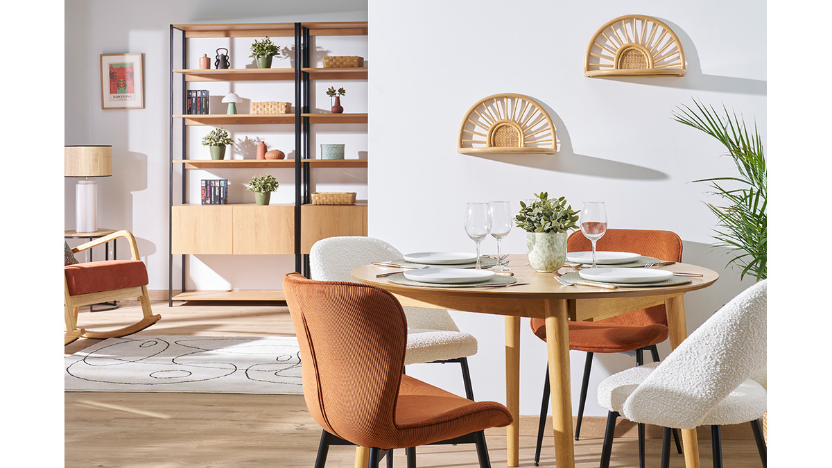 Table extensible rallonges intégrées ronde en bois clair chêne L115-154 ...